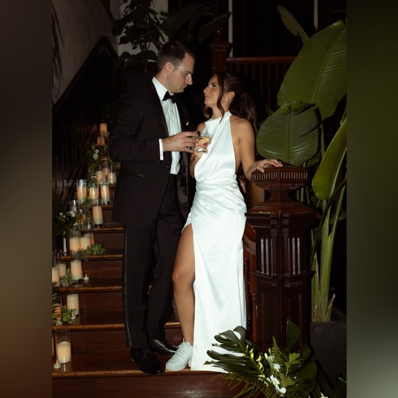 milla | Dresses | Milla Low Slit Halter White Dress | Poshmark